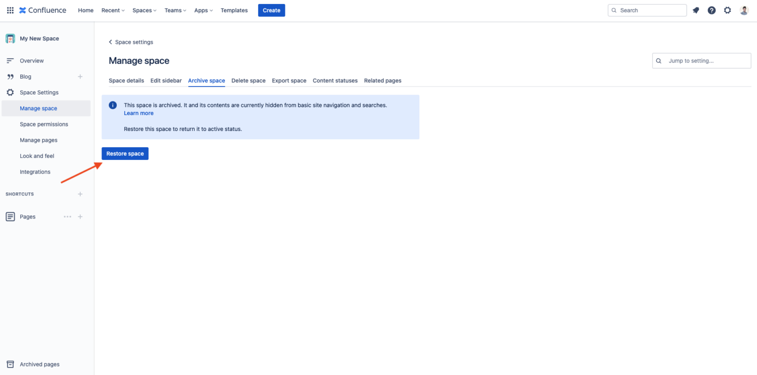How to restore spaces in Confluence