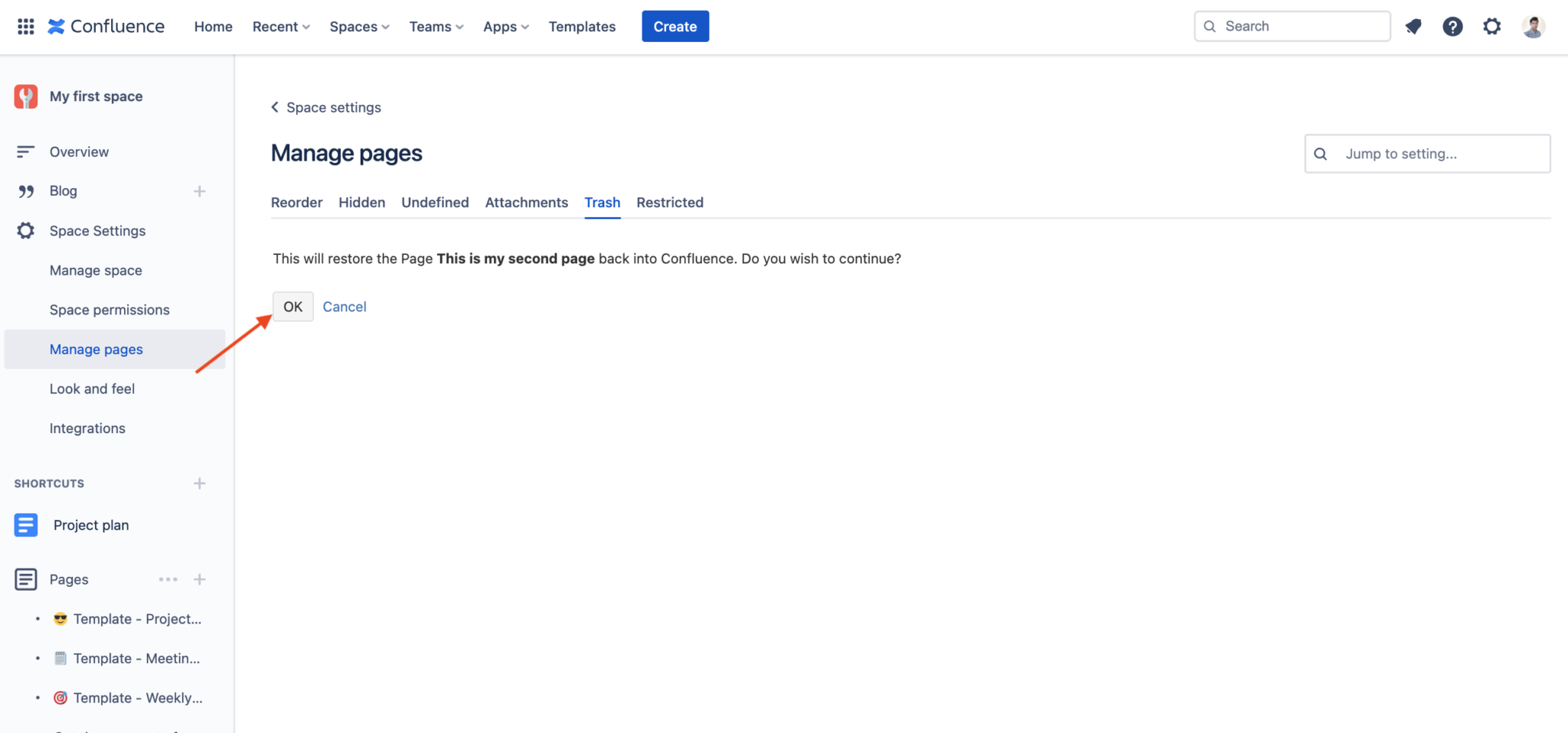 How to restore a deleted page in Confluence