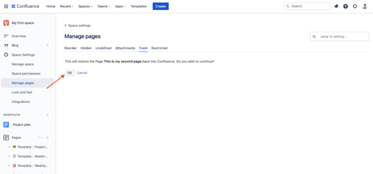 How to restore a deleted page in Confluence