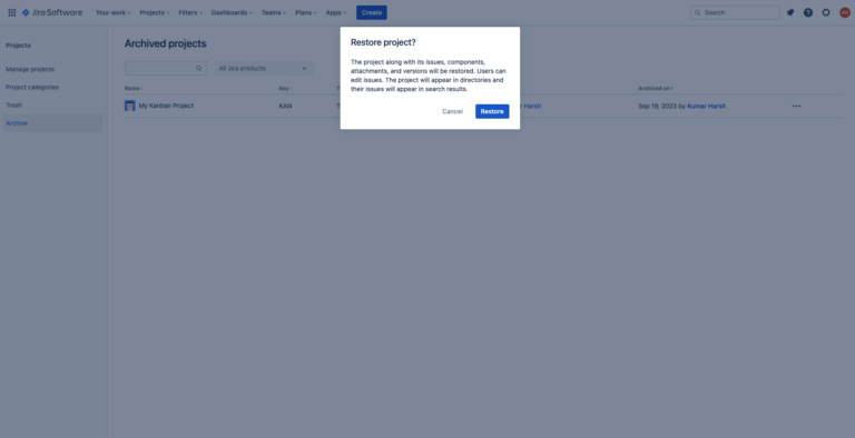 How to restore deleted projects in Jira