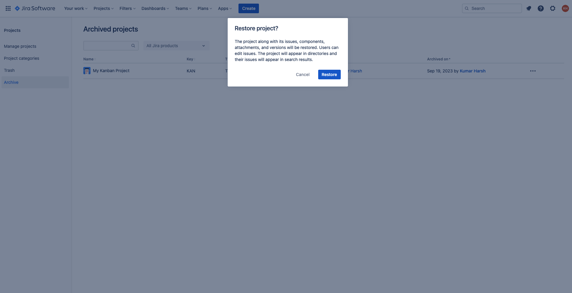 How to restore deleted projects in Jira