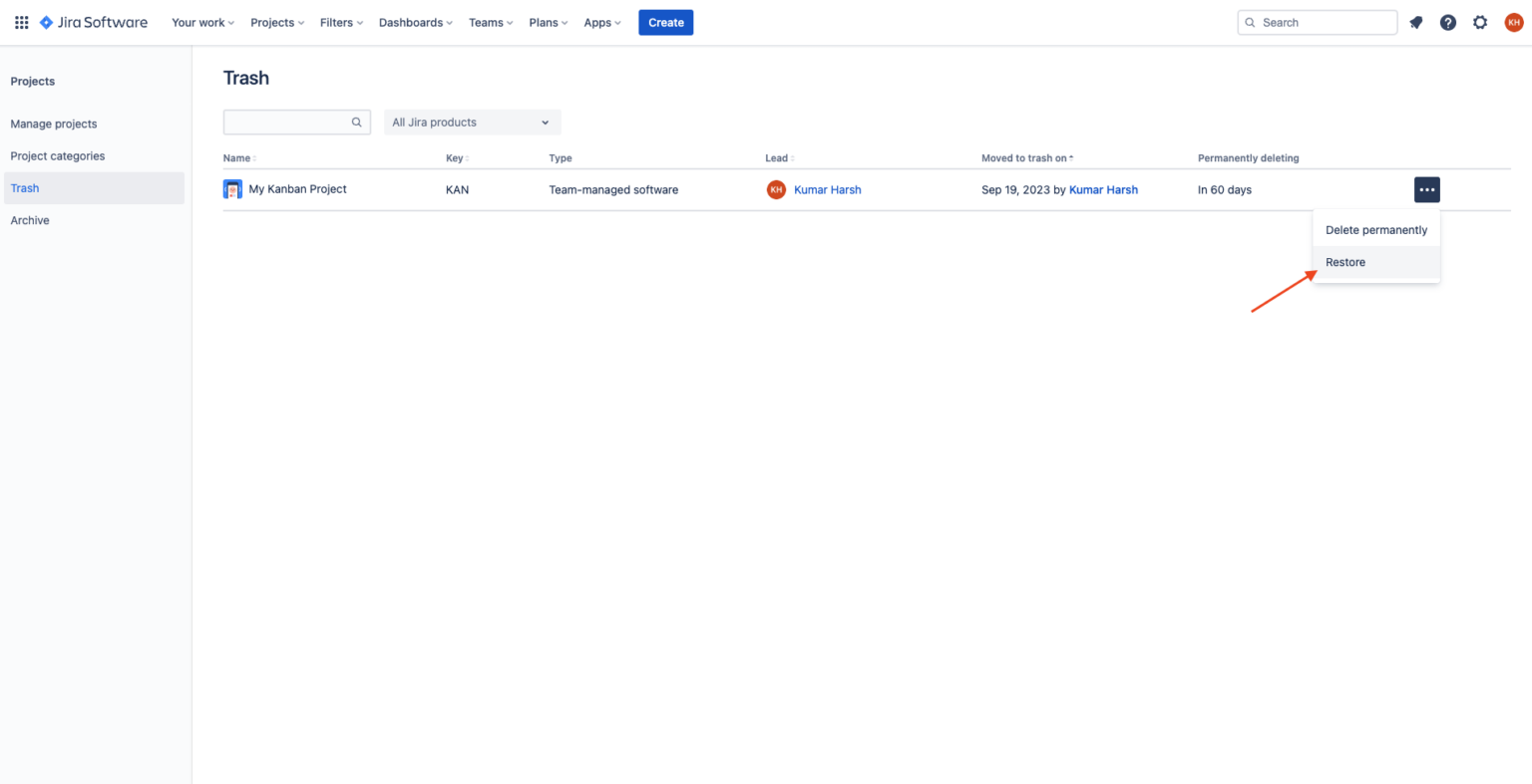 How to restore deleted projects in Jira
