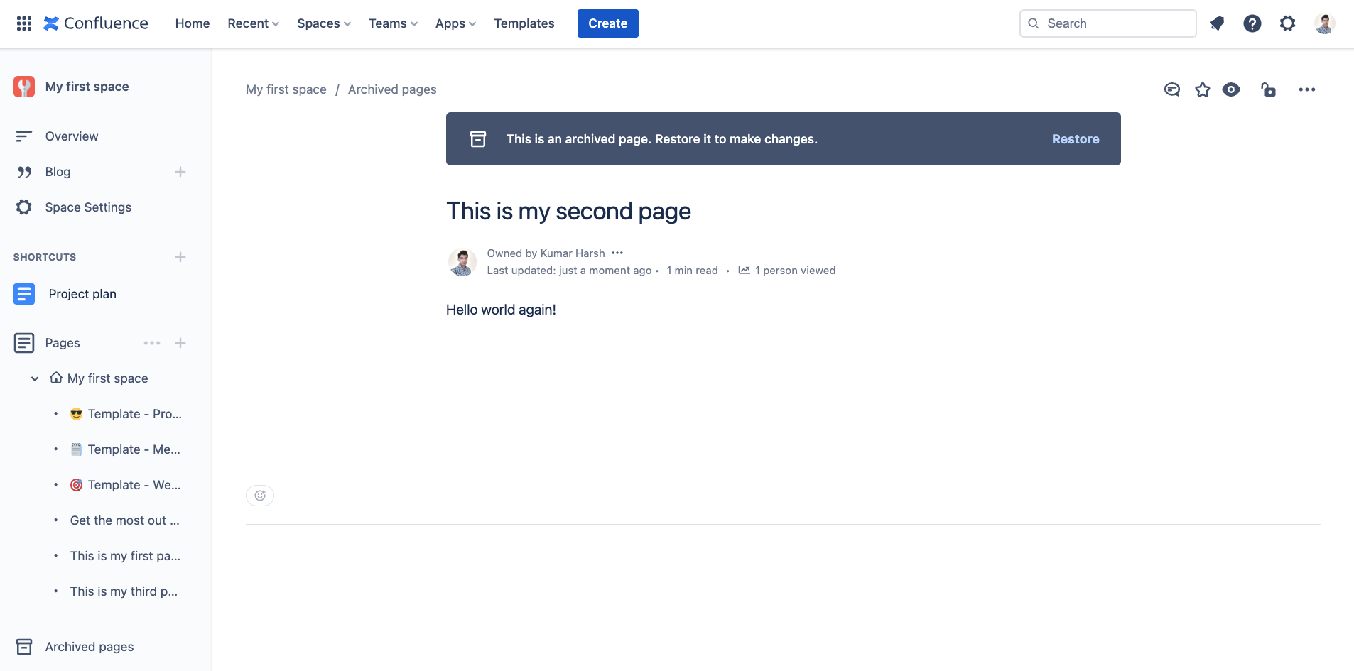 How to restore a deleted page in Confluence