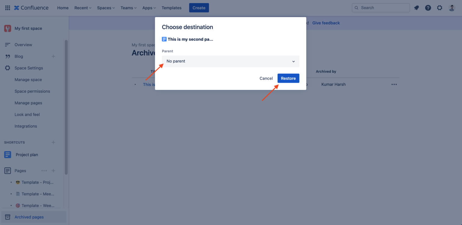 How to restore a deleted page in Confluence