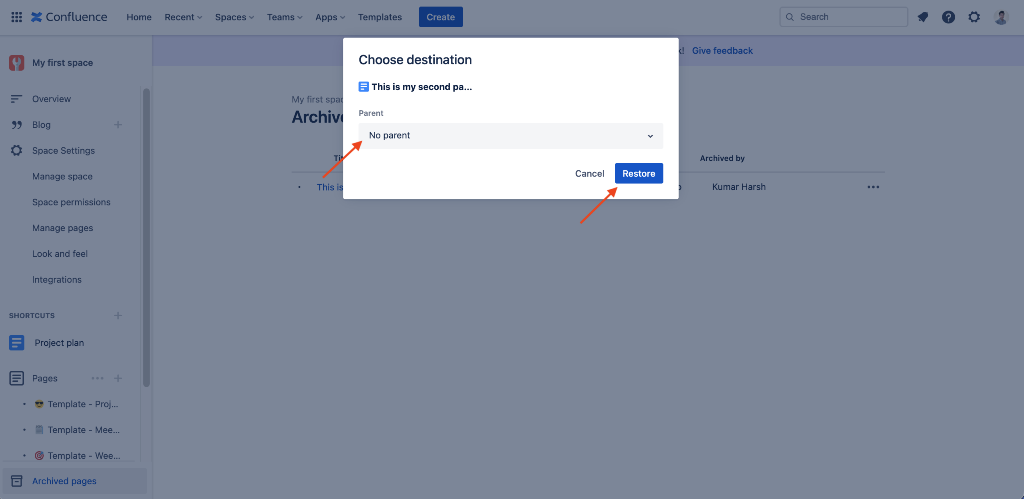 How to restore a deleted page in Confluence
