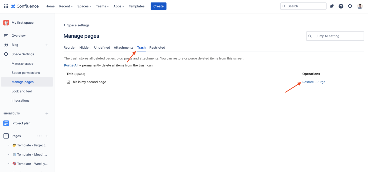 How to restore a deleted page in Confluence