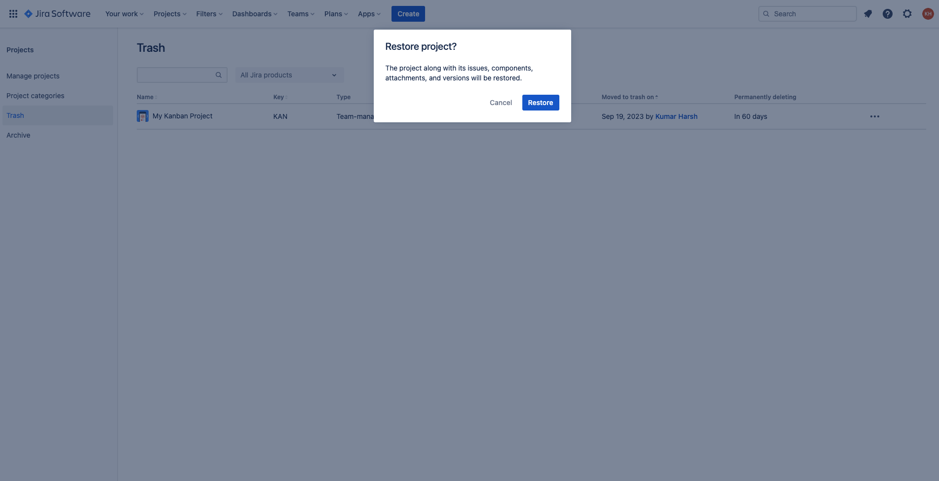 How to restore deleted projects in Jira