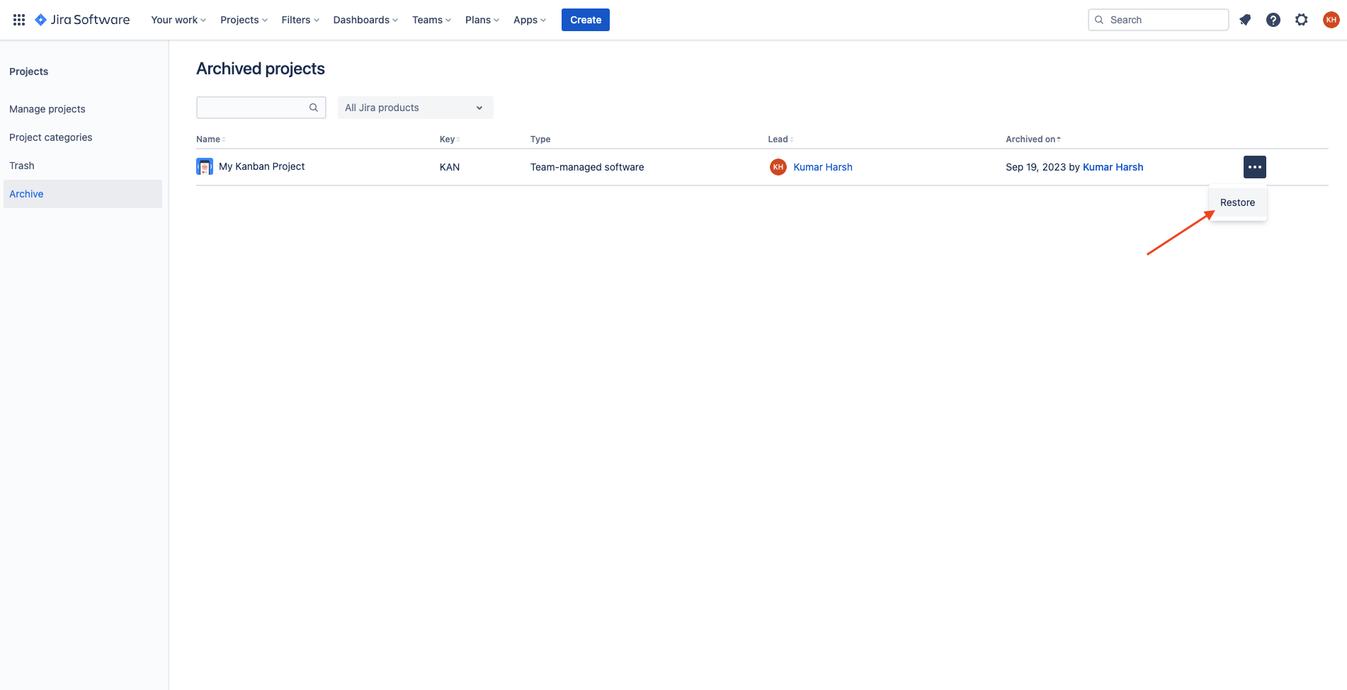 How to restore deleted projects in Jira